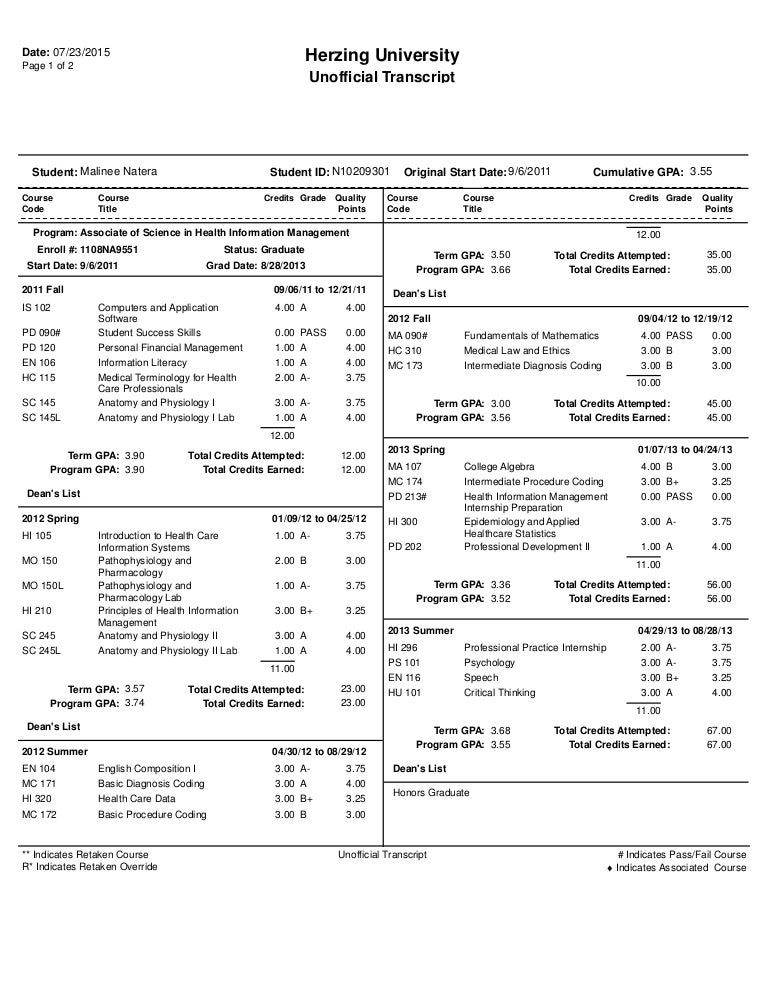Herzing University Transcript 2013