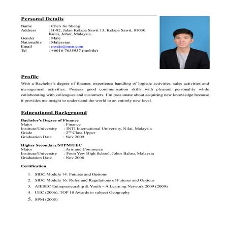 Chen Jie Sheng Resume | PDF