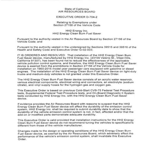 CARB EXECUTIVE ORDER D-704-2 | PDF