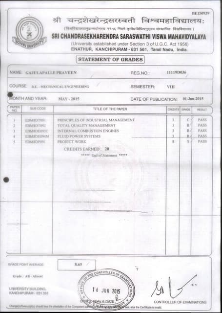 Intermediate Mark Sheet