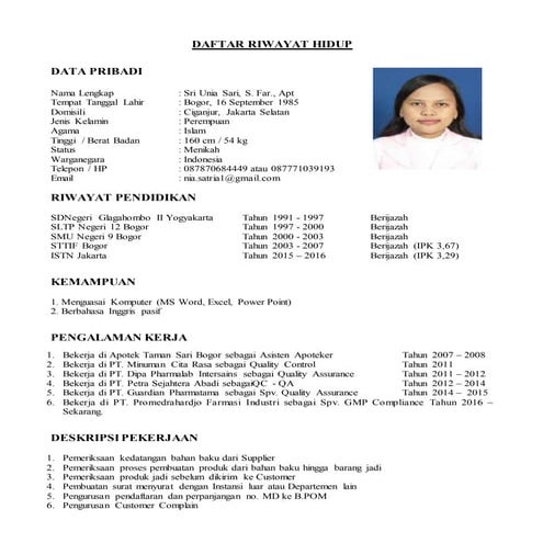 CV Nia Terbaru | DOCX