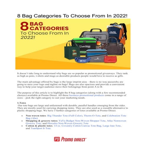 8 Bag Categories to Choose From In 2022 | Business Promo Items | PDF