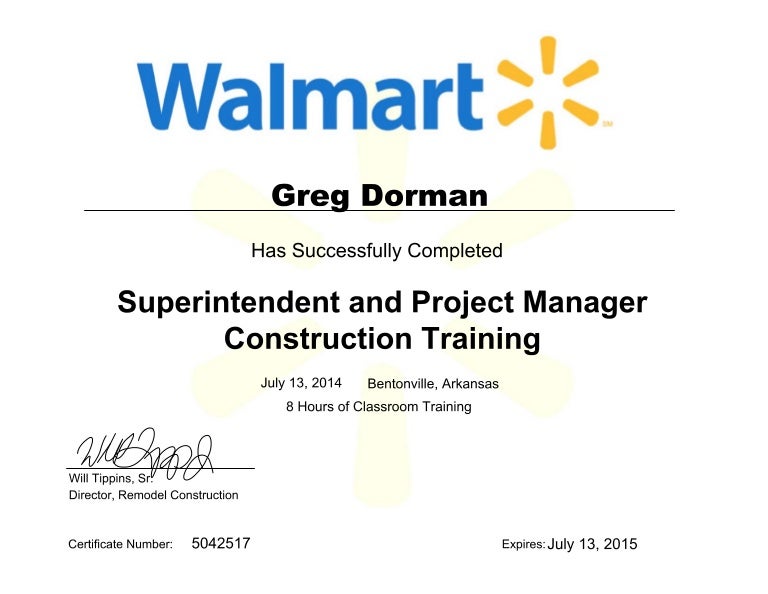 Wal Mart Certificate