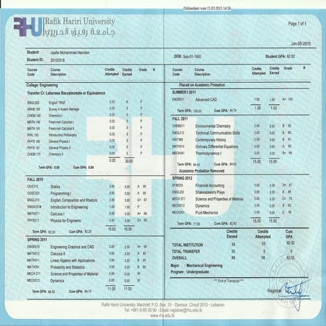 Rafic Hariri University Transcript | PDF