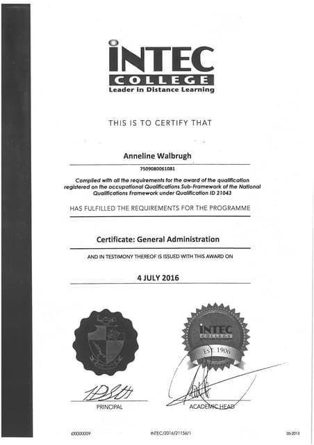Milpark NQF 5 Certificate Certified | PDF