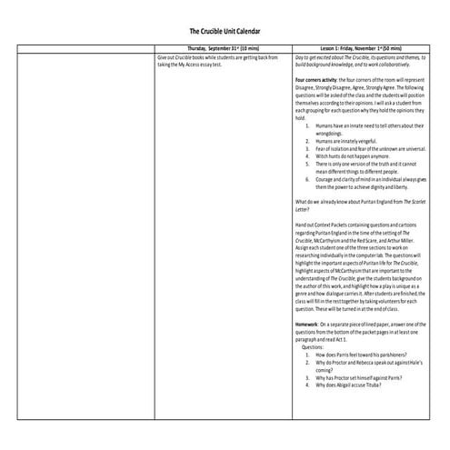 The Crucible Unit Calendar - to print for app | DOCX | Screenwriting ...