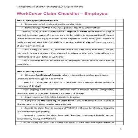 WorkCover Claim Checklist for Employee | DOCX