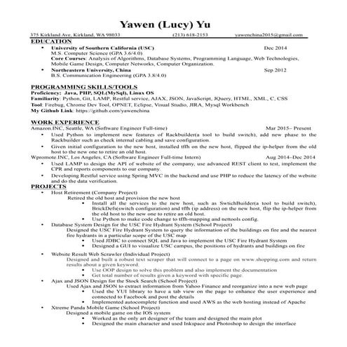 Yawen_Yu_resume | PDF | Web Development | Internet