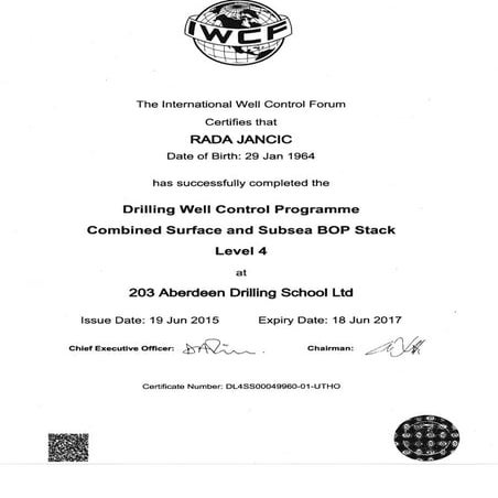 IWCF Certificate (Combined Surface and Subsea BOP) - Rada Jancic | PDF