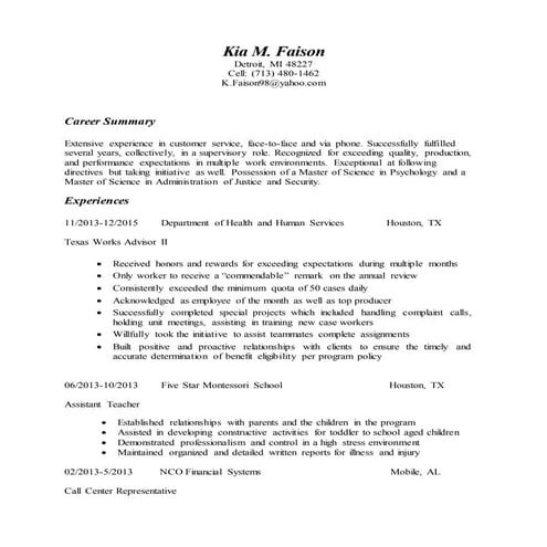 Kia Faisons Resume 1 | DOCX