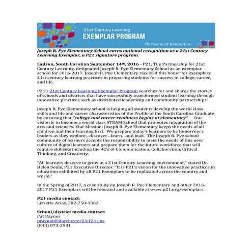 Pye Elementary designated P21 Exemplar School | PDF