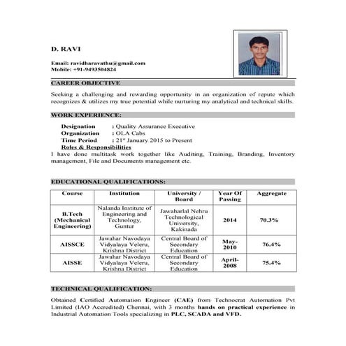Ravi Resume B.Tech Mech | DOC