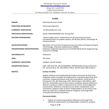 Planning Engineer (ERP, P6, SAP, EVM) Mehtab Zaidi CV | DOC