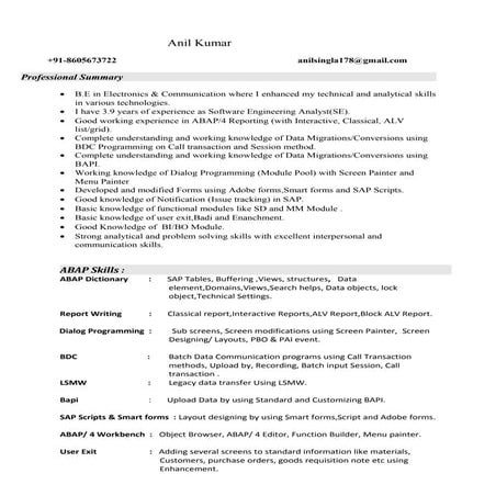 Anil CV ABAP | DOC | Computer Software and Applications | Computing