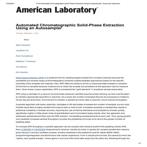 Automated Chromatographic Solid Phase Extraction Using An Autosampler American Laboratory