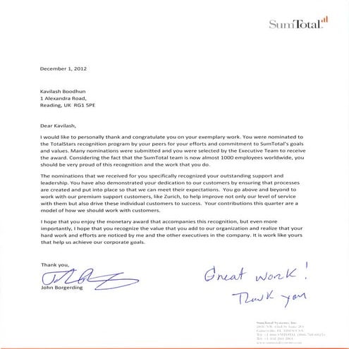 Recognition Letter by CEO | PDF