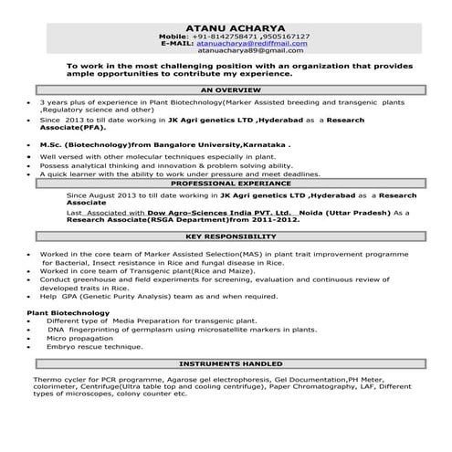 Atanu Acharya Resume 2015 | PDF