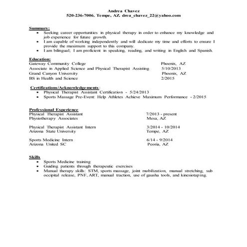 PTA Resume_Andrea Chavez | DOCX | Physical Therapy | Wellness