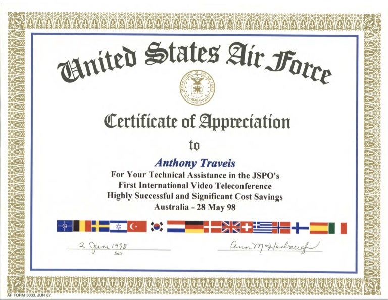 Tony Traveis - USAF Certificate of Appreciation