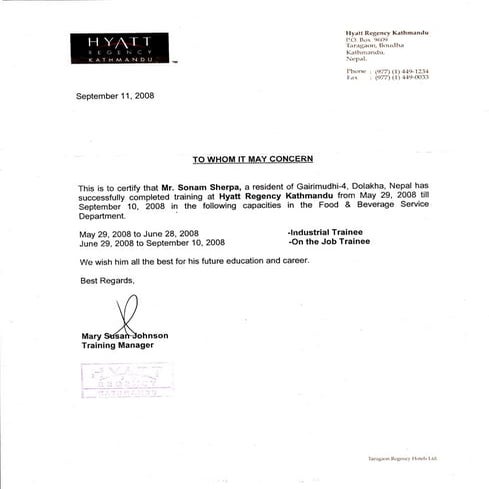 hyatt renency, certificate | PDF