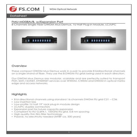 8 Channels Single Fiber DWDM Mux Demux,LC/UPC | PDF