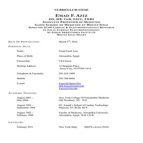 Emad CV Updated 3-2016 | PDF | Heart and Cardiovascular Diseases | Diseases and Conditions