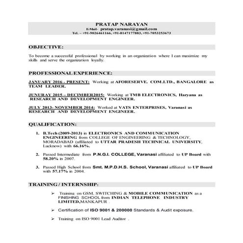 Pratap Narayan R & D Engineer In Production | DOCX