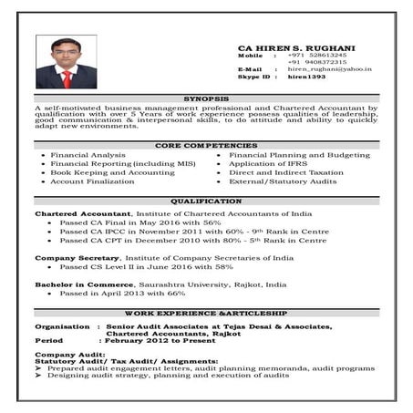 Excellent work experience professional chartered accountant resume sa…