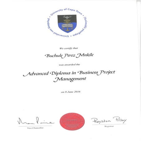 UCT Advanced Diploma in Business Project Management certificate for ...