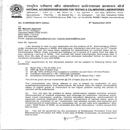 Appointment Letter - Sr Administrative Officer - Mr Manish Agarwal | PDF