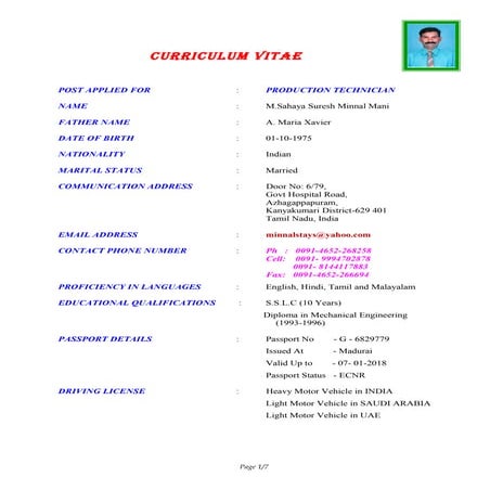 MINNAL MANI PROD TECH CV 2012 | PDF