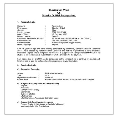 CV of Shaelin O Niel Padayachee | DOC