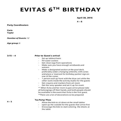 Birthday Party Guideline Sheet | DOCX