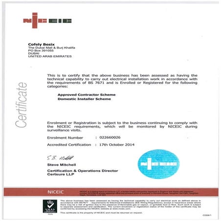 NICEIC - Certificate | PDF
