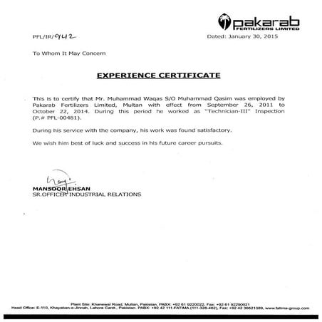 Experiance Certificate-Pfl | PDF