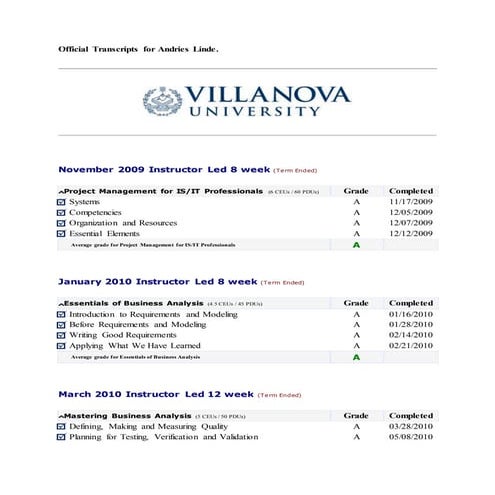 Villanova - Official Transcripts - Latest | DOCX