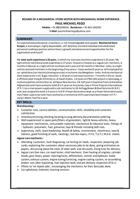 Resume for Store incharge | DOC
