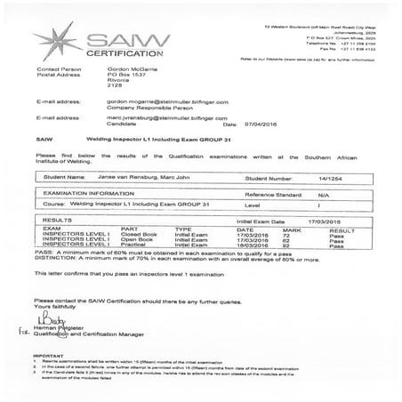 SAIW - Welding Inspector Level I | PDF