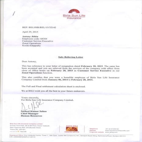 Birla Releiving letter | PDF