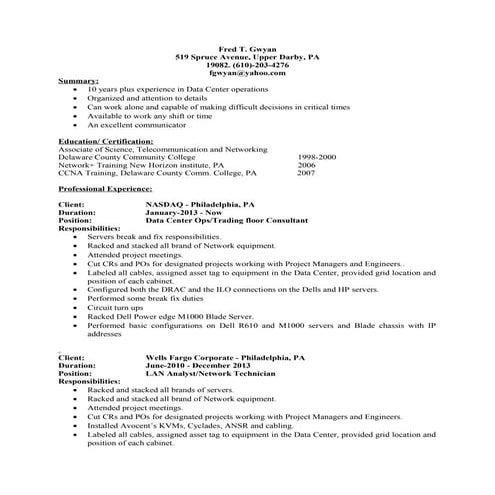 Fred updated resume | DOC | Computer Networking | Computing