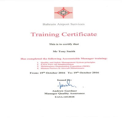 Training Certificate - Tony Smith - COO | PDF