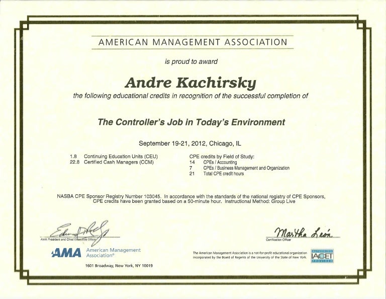 Controller's Job Course Certificate