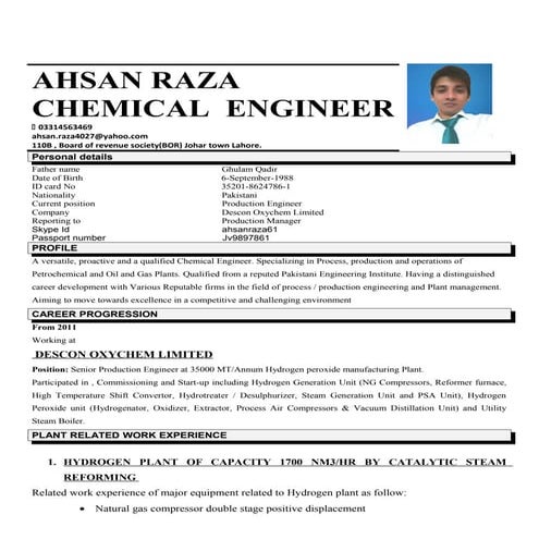 AHSAN RAZA CHEMICAL ENGR CV | DOC