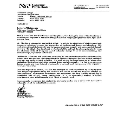 Letter of Reference - Sim Chee Hiang | PDF