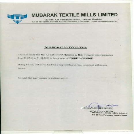 Experince Certificate Of Mubarak textile | PDF