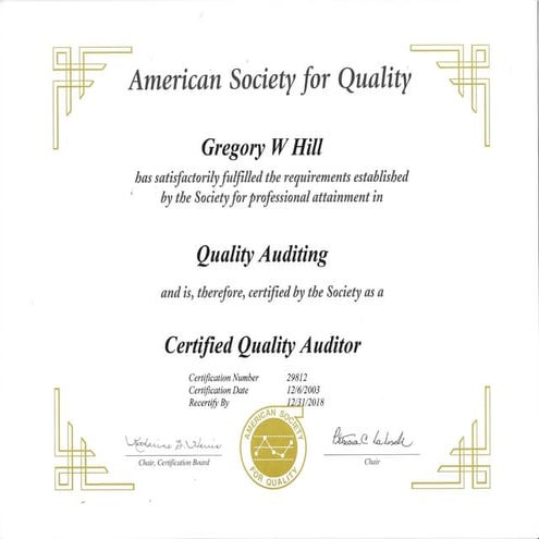 ASQ CQA Certification Gregory Hill | PDF