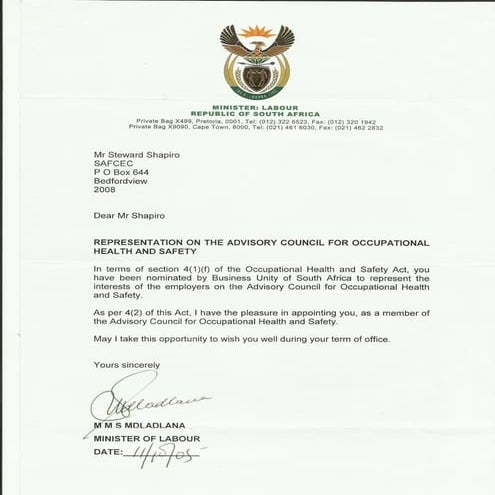 ACOHS Appointment - Minister of Labour MMS MDLADLANA | PDF