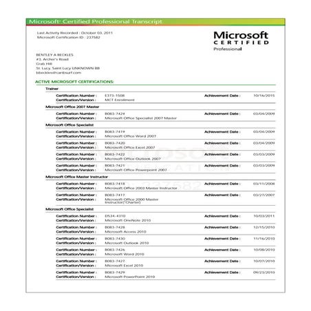 Microsoft Office Specialist Transcript | PDF