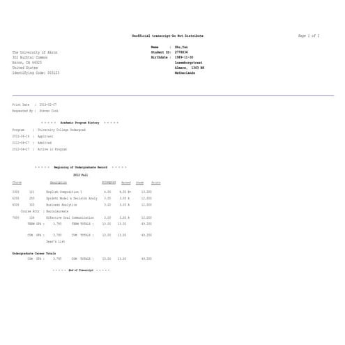 ZHU, Yan - Unofficial UA Transcript.PDF | Undergraduate Education ...