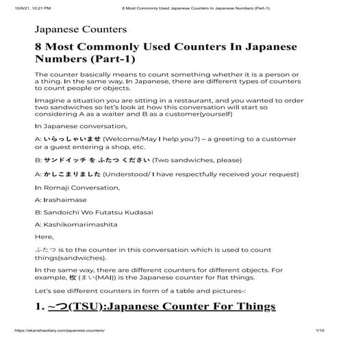 8 most commonly used japanese counters in japanese numbers (part 1) | PDF